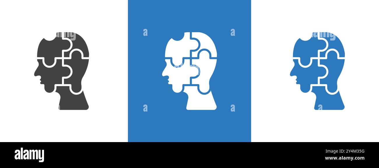 People head with puzzles icon outline collection in black and on white ...