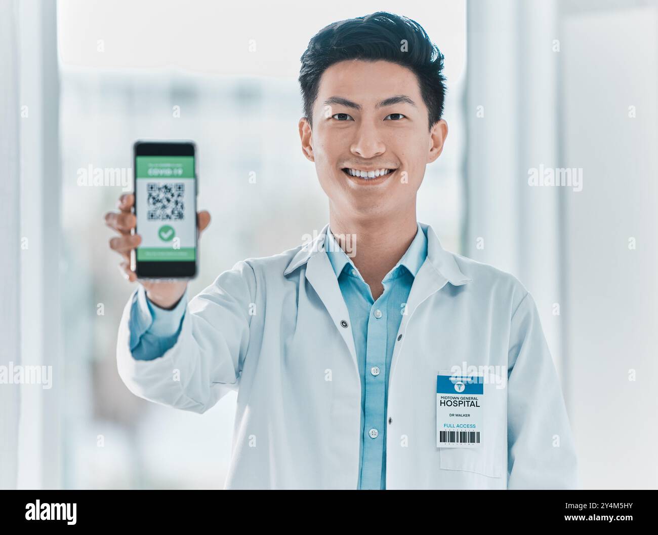Smartphone, screen and Asian man with QR code, mobile app and virus or ...