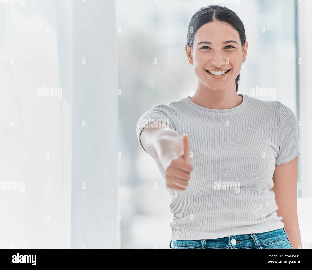 Thumbs up, smile and portrait of creative business woman in office for ...