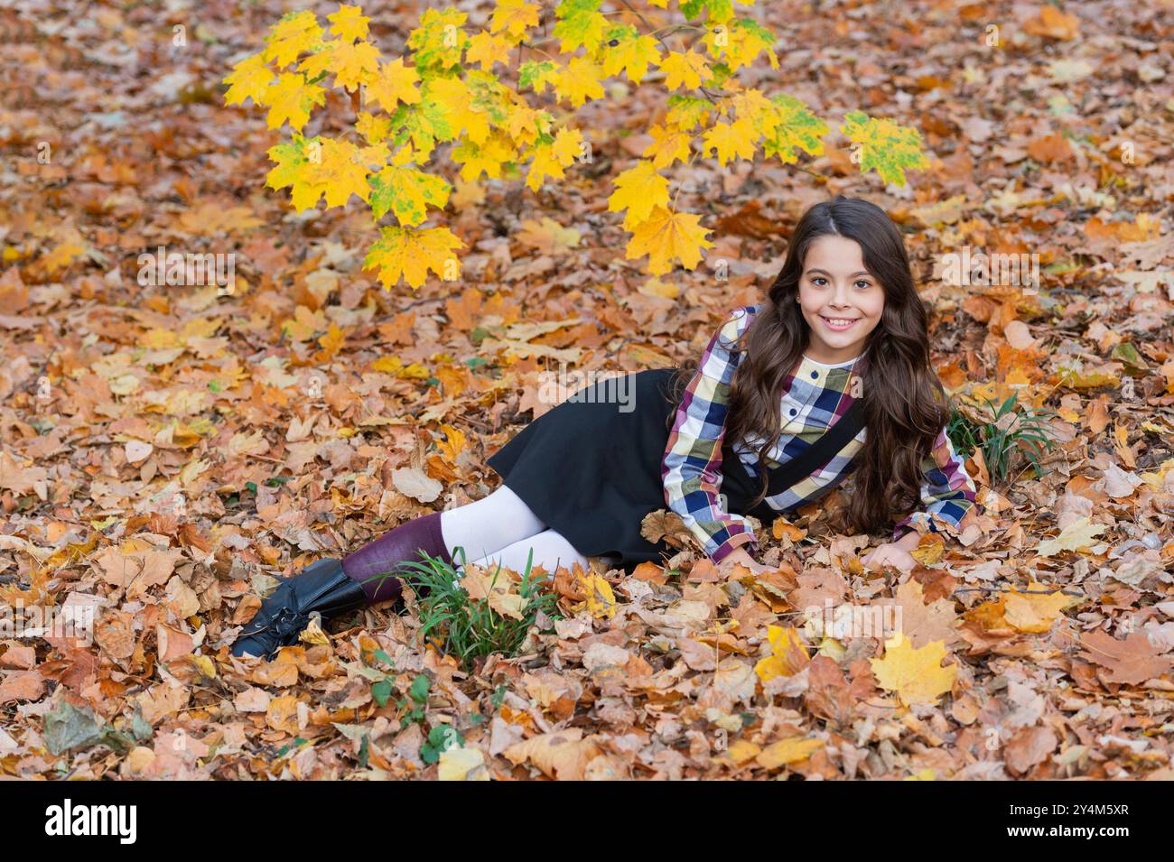 Stylish teen girl at school break. Back to school. Autumn leaves. Girl ...