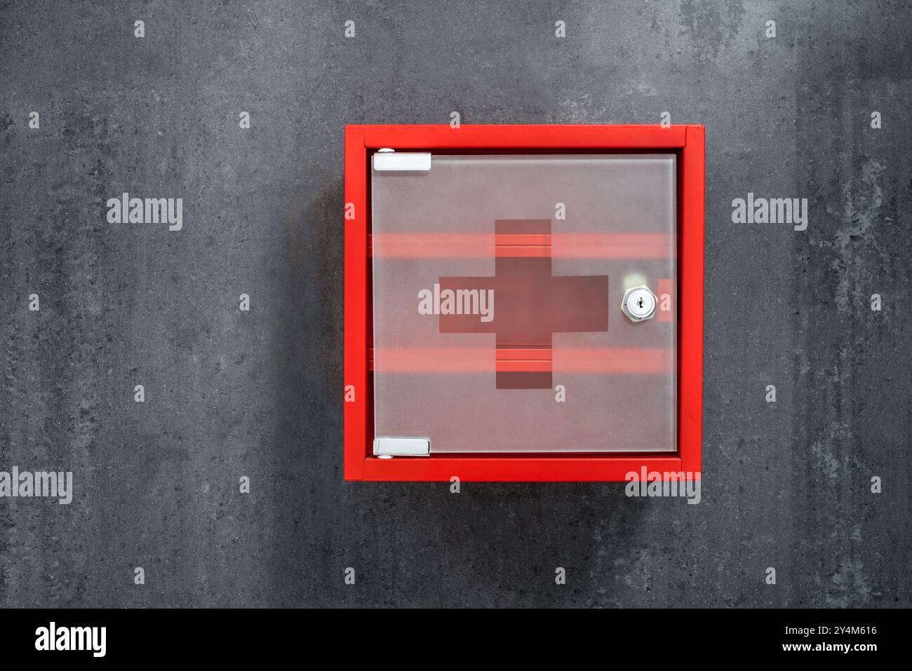 Closed Red Metal Empty Medicine Cabinet Hanging On A Dark Gray Marble ...