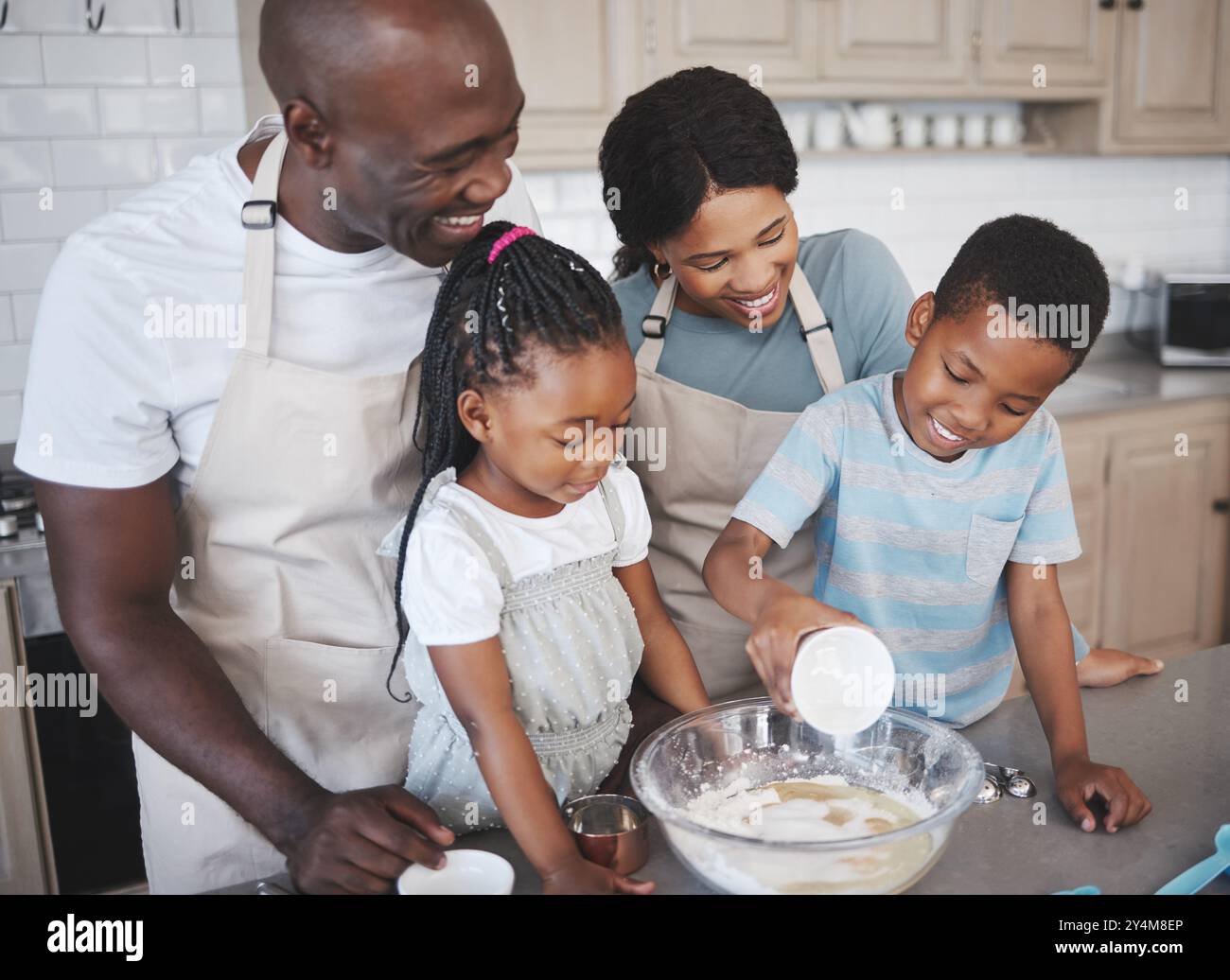 Baking, happy and black family in kitchen for bonding, learning and ...