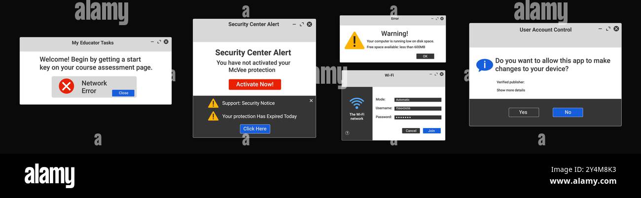 Security center alert popup. The wifi network interface. User account ...