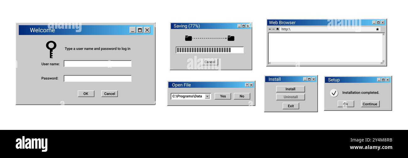 Old user interface windows. Retro loading window. Open file panel in blue Stock Vector Image ...