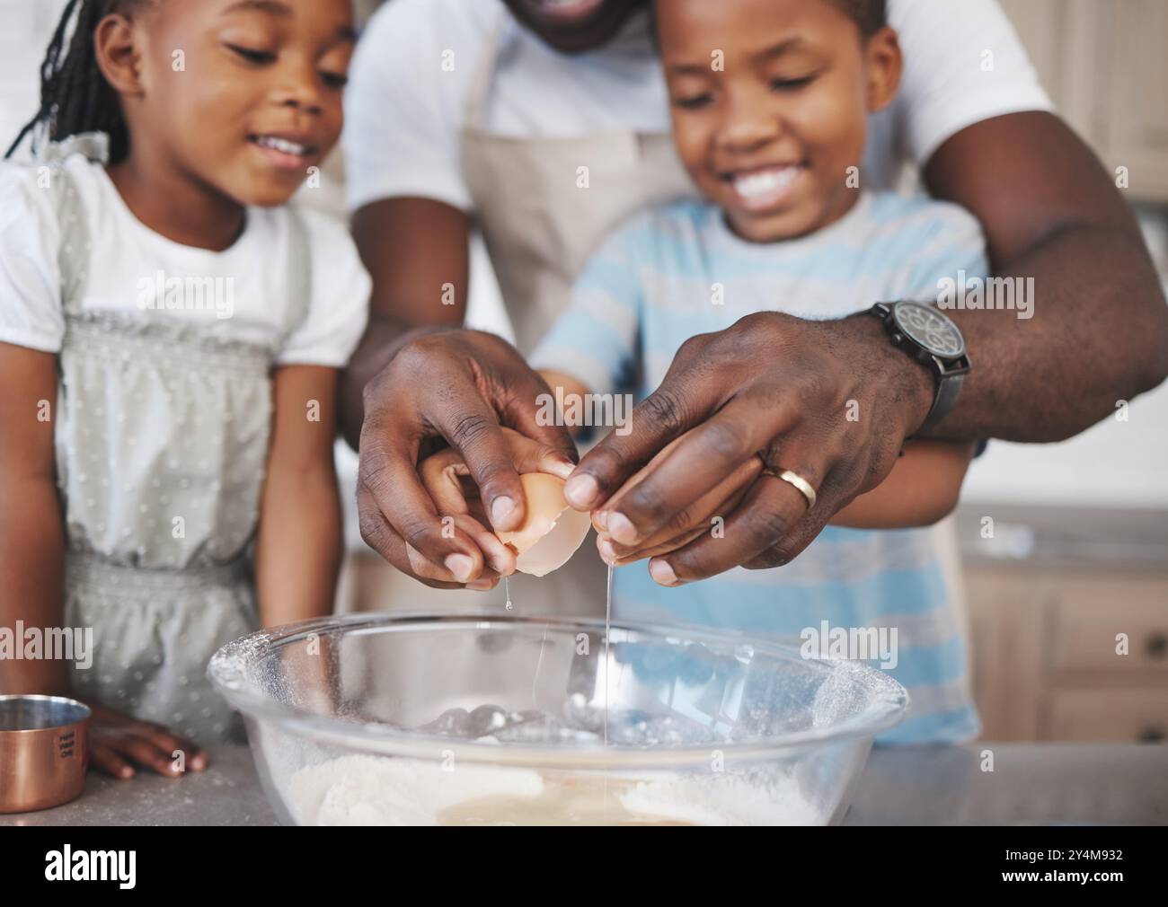 Baking, eggs and father with children in kitchen for bonding, learning ...