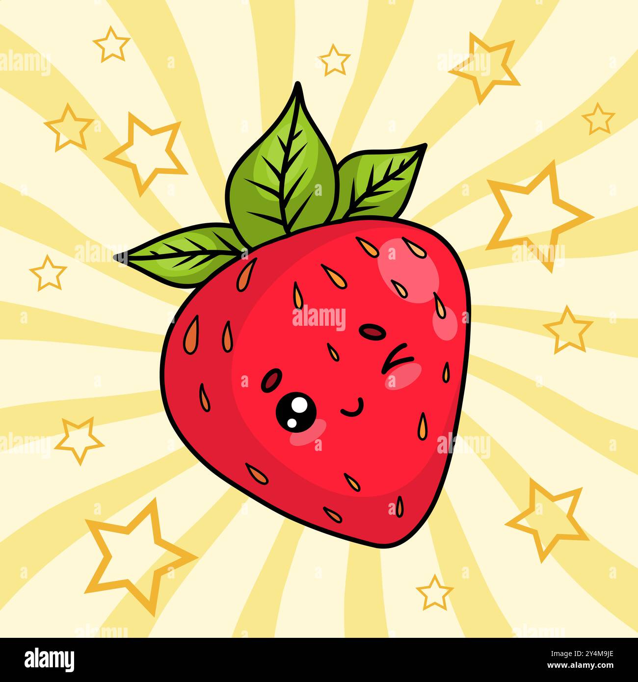Cute red strawberry. Cartoon funny kawaii berry character. Card with ...