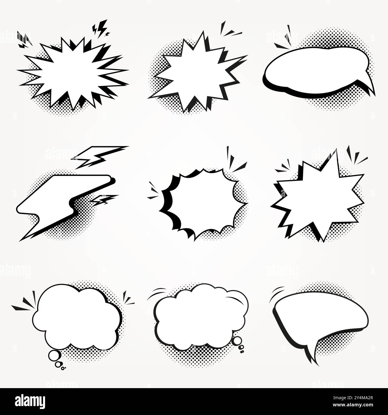 Four bubble shapes and elements set, with black halftone abstract on ...