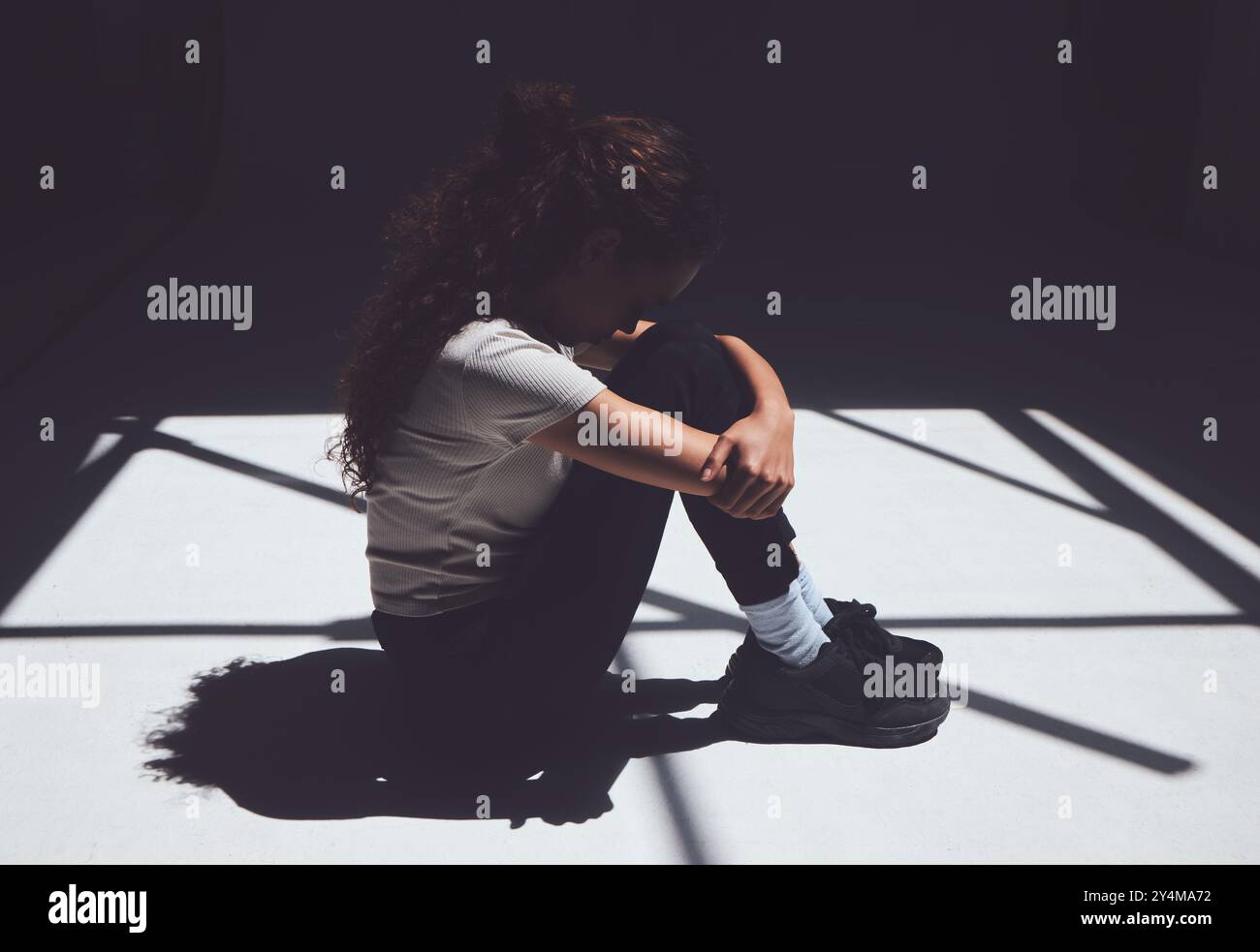 Woman, depressed and floor sitting with mental health, comfort and ptsd ...