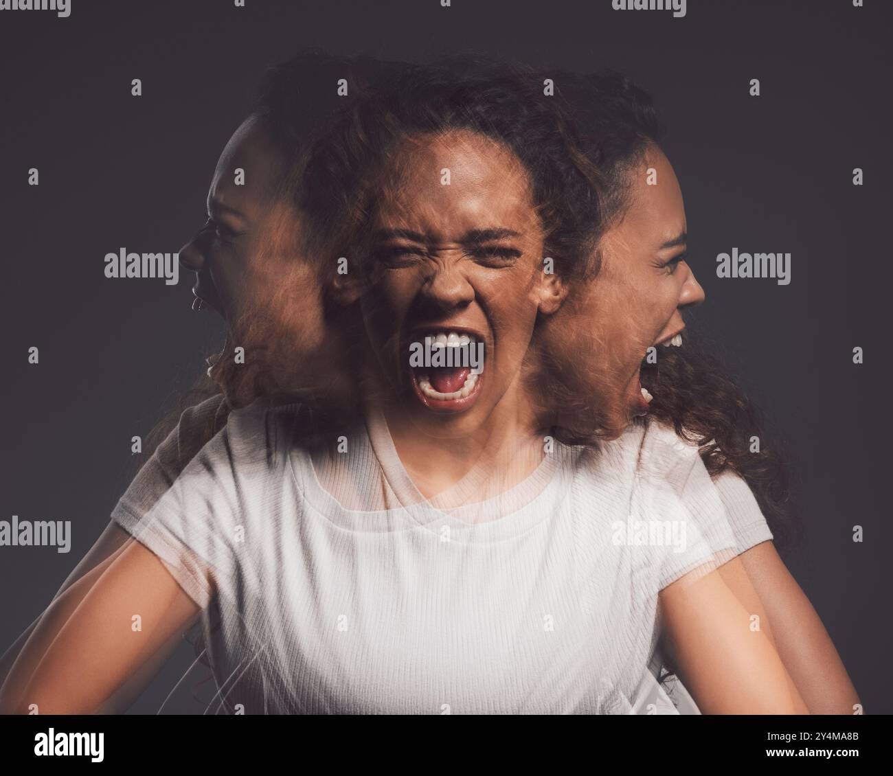 Woman, schizophrenia and double exposure of face with scream, fear and ...