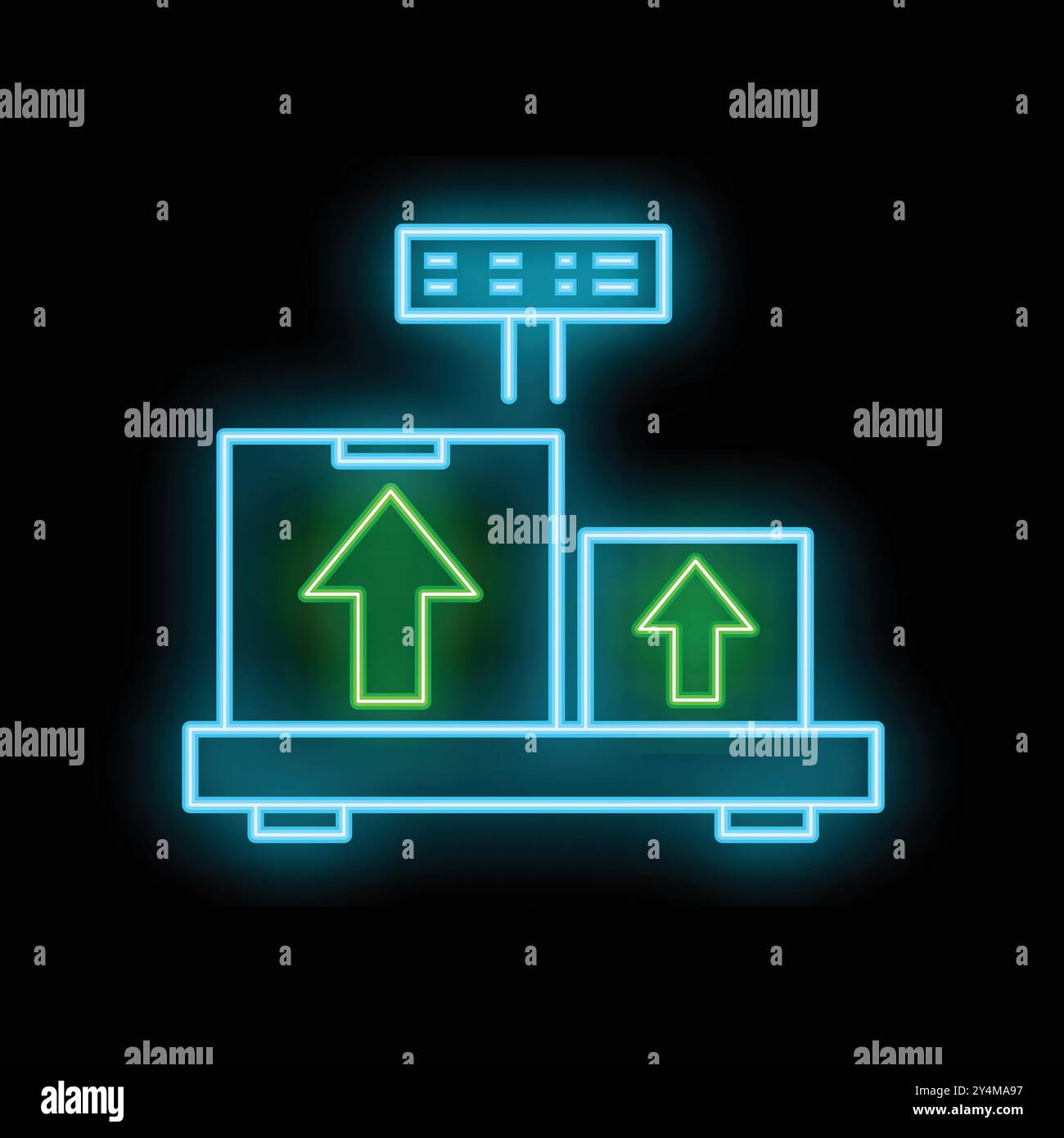 Neon glowing icon of a warehouse scale weighing packages with a digital ...