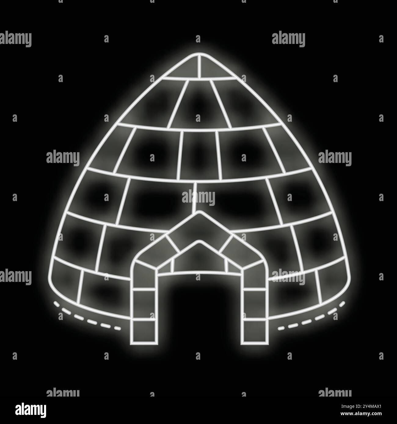 Neon sign representing an igloo glowing white on black background Stock ...