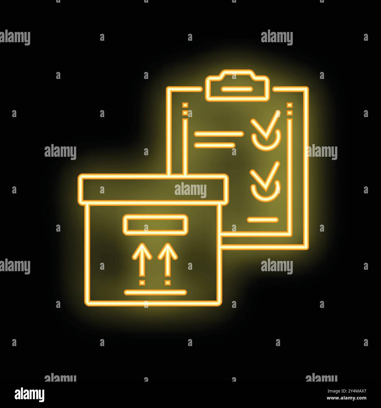 Glowing neon line cardboard box with packing symbols and checklist icon ...
