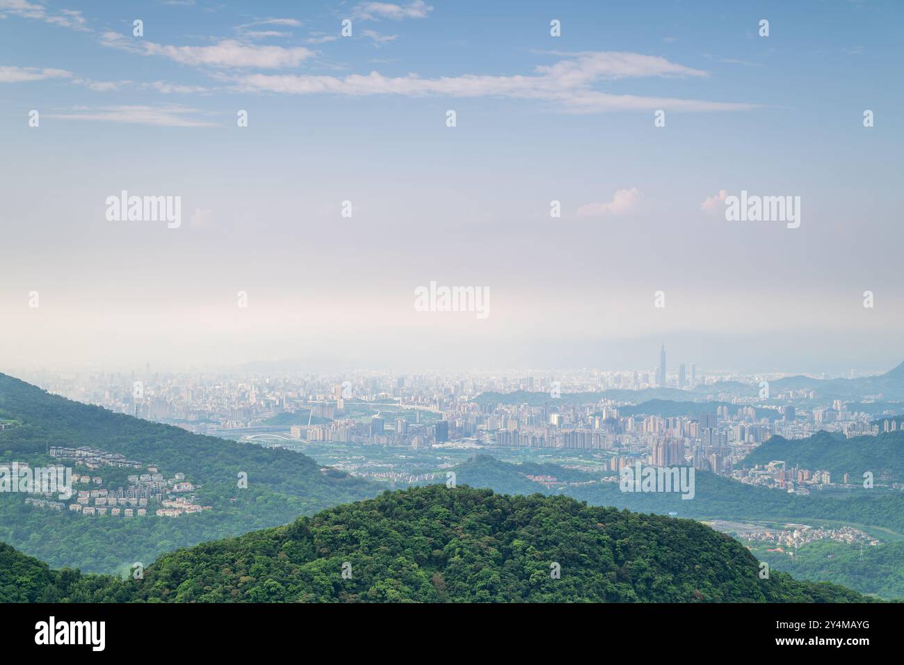 A panoramic view of Taipei City from Shizitou Mountain. The cityscape ...