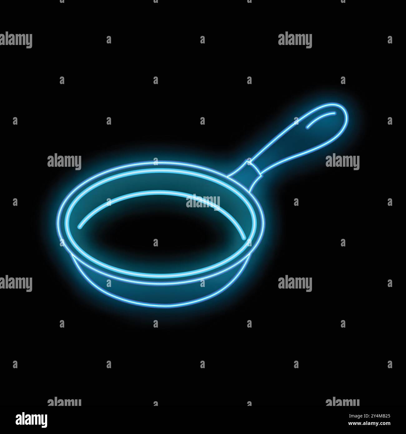 Blue neon sign depicting a frying pan glowing on a black background ...