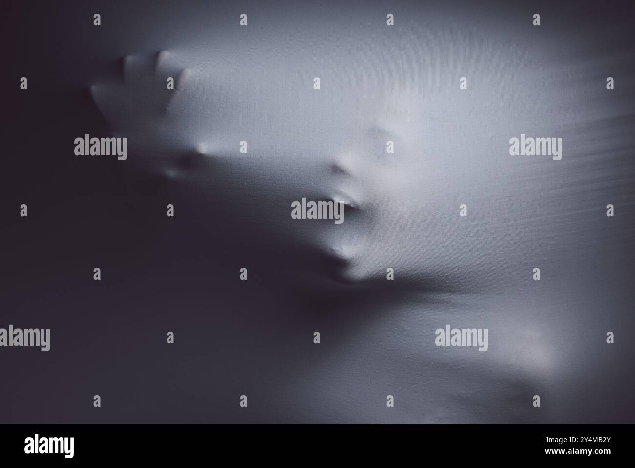 Person, scream and fabric for depression in studio with mental health ...