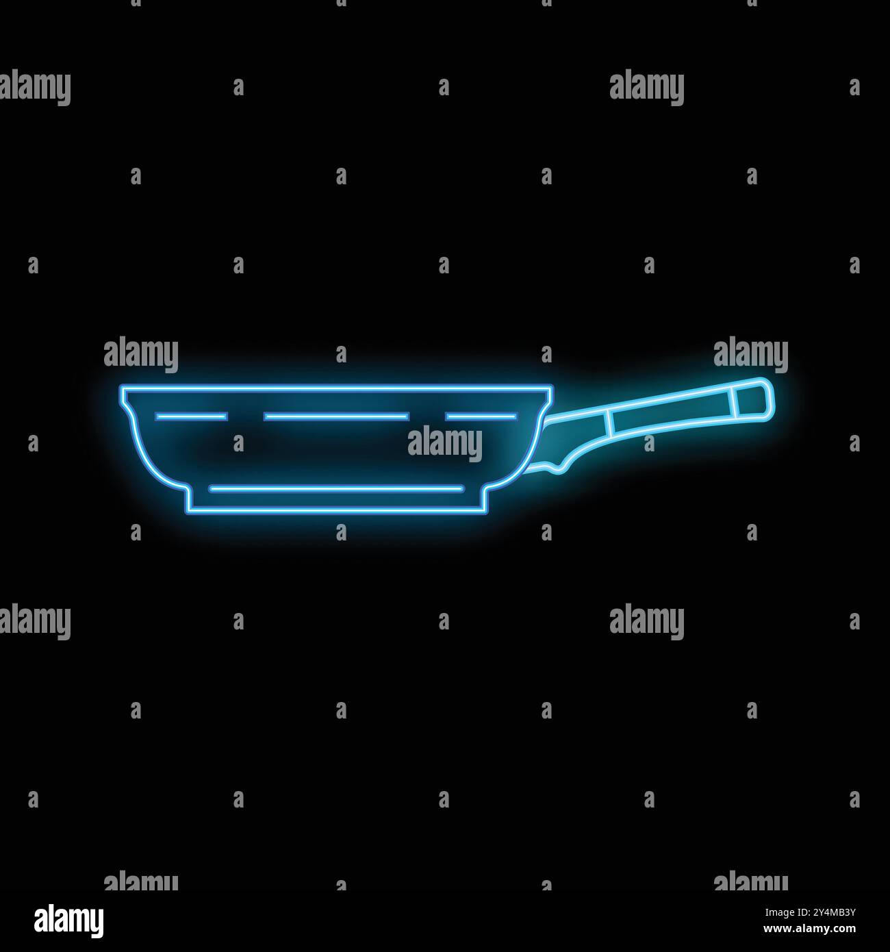 Blue neon sign depicting a frying pan, isolated on a black background ...