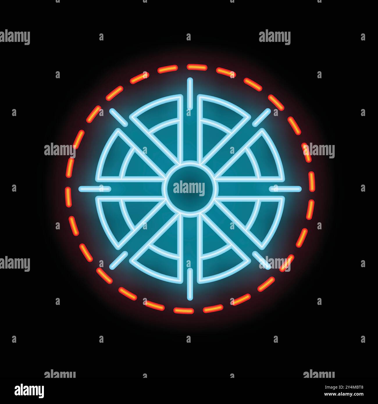 Blue neon sign of a dharma wheel glowing on black background Stock ...