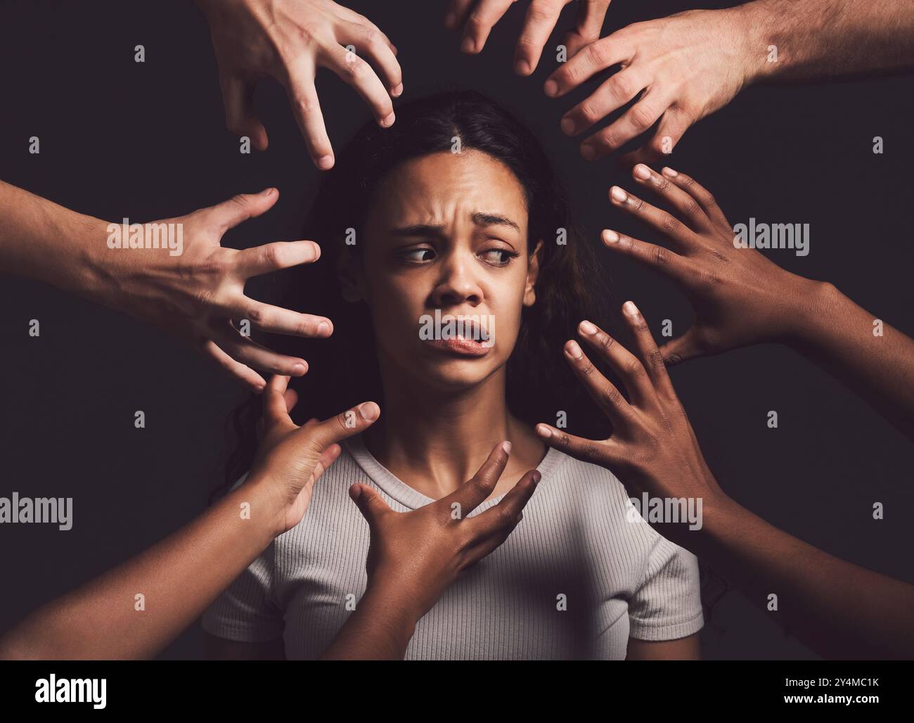 Woman, hands and trauma with victim in fear for phobia, stress or ...