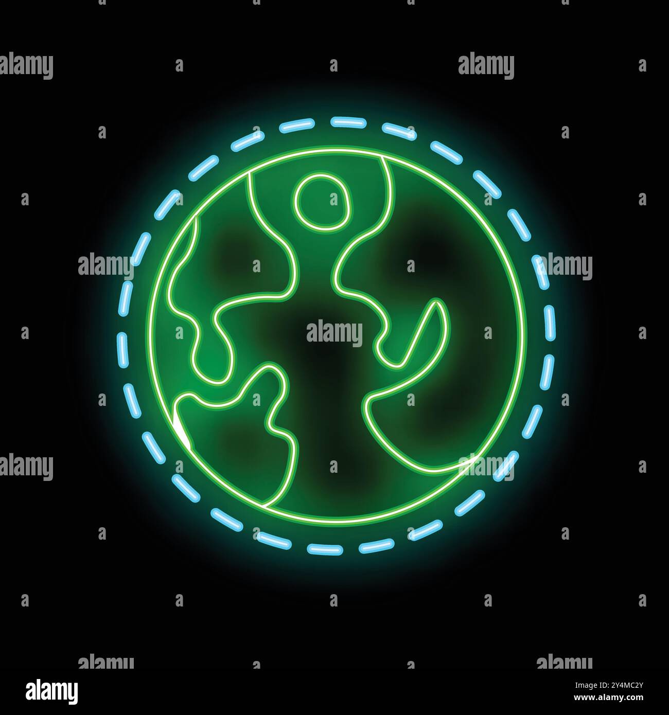 Neon sign showing stylized green earth with orbit on black background ...