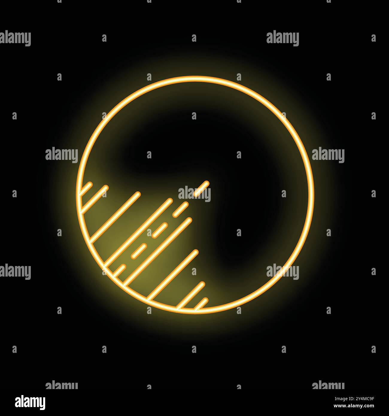 Bright yellow neon sign in the shape of a loading circle is glowing on ...