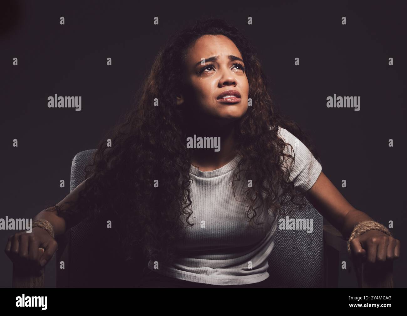 Woman, hostage and chair with abuse, anxiety and fear for mental health ...