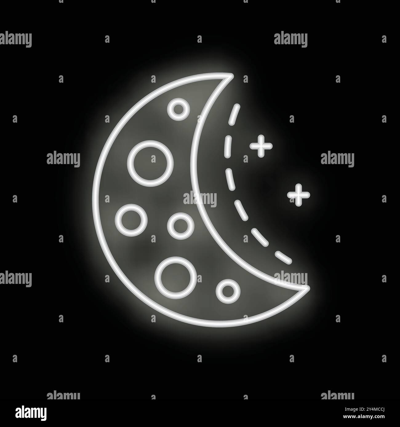 White neon glowing crescent moon with craters and stars on a black ...