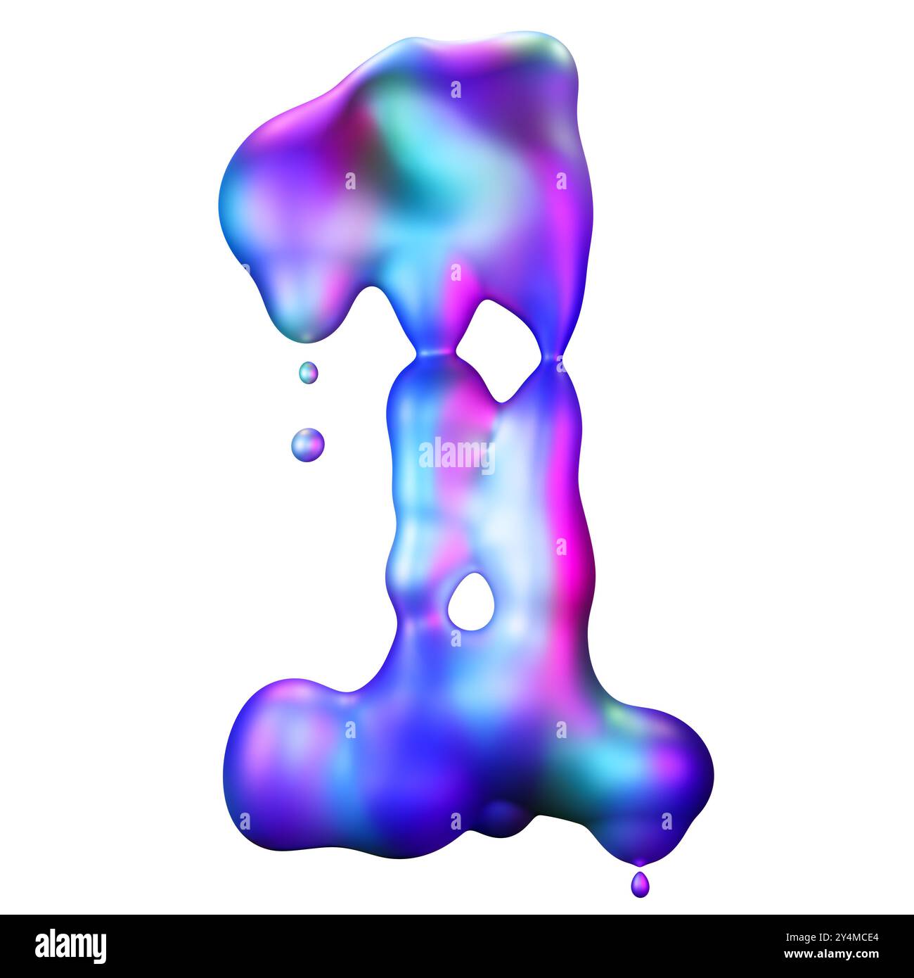 Holographic liquid number 1 isolated on white background. Dynamic fluid ...