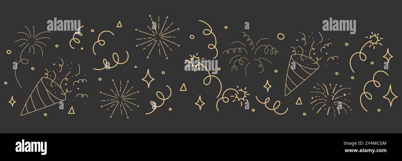 Confetti goden border doodle line drawing. Sketch burst with ribbon ...