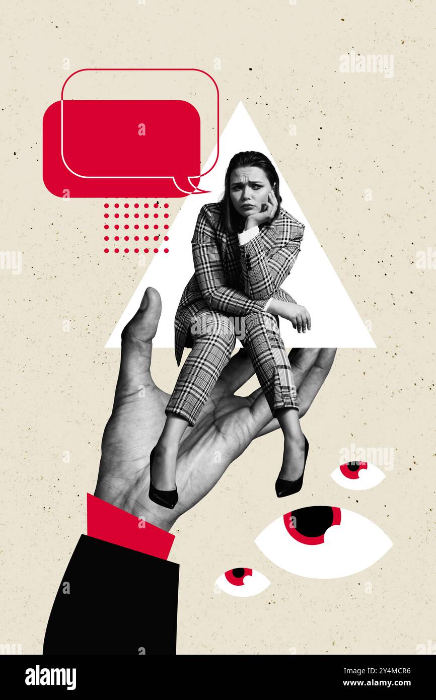 Vertical photo collage of upset girl sit human palm bubble monologue ...