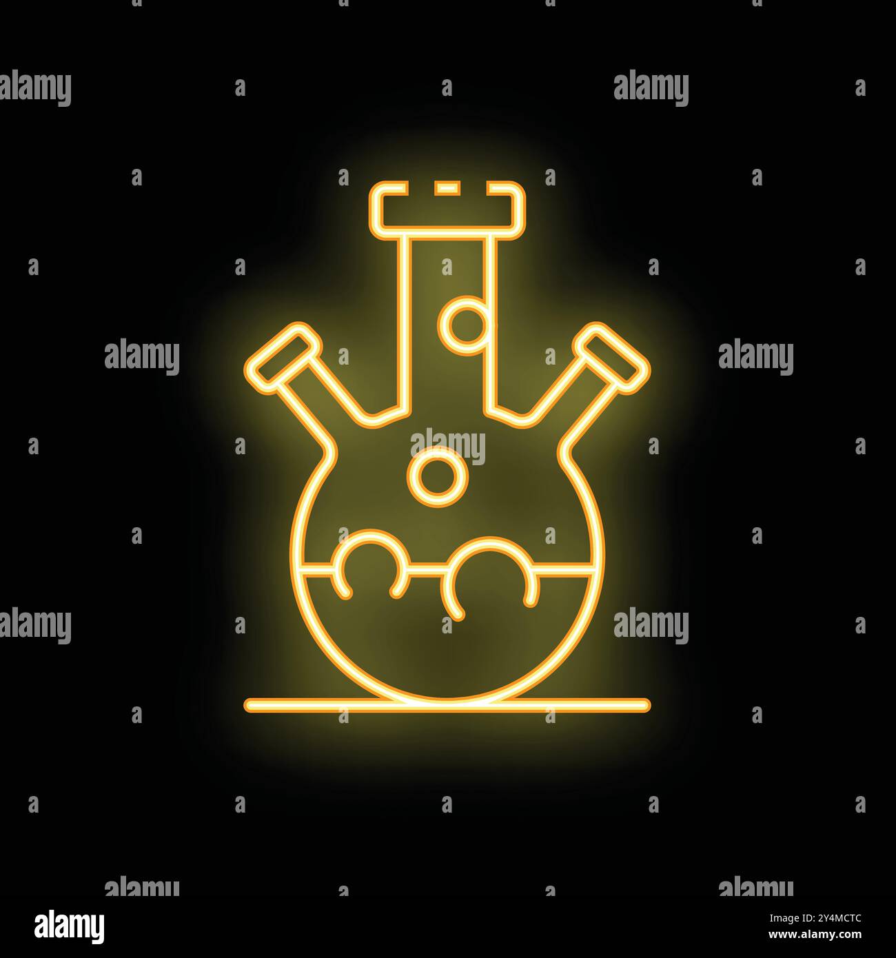 Yellow glowing neon icon of laboratory glassware with round bottom ...