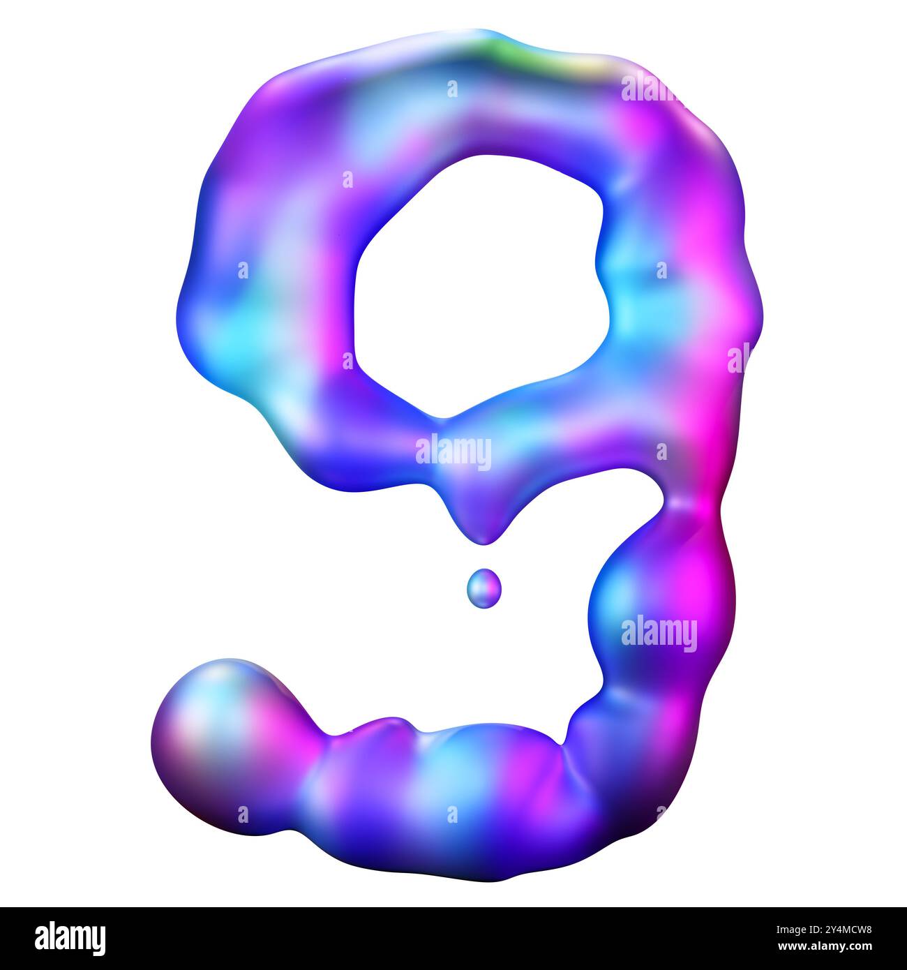 Holographic liquid number 9 isolated on white background. Dynamic fluid ...