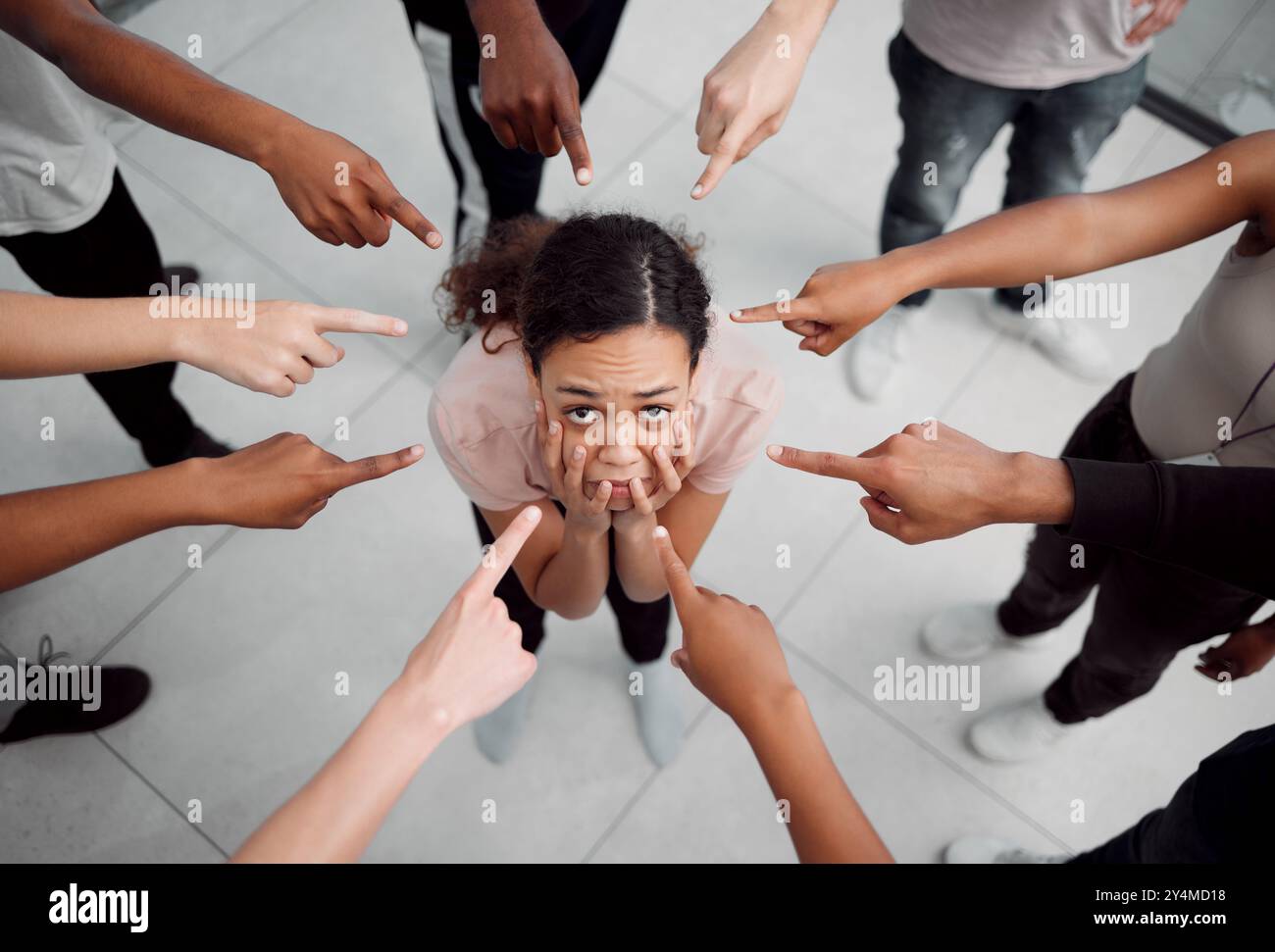 Schizophrenia, portrait and woman with fear of hands pointing for ...