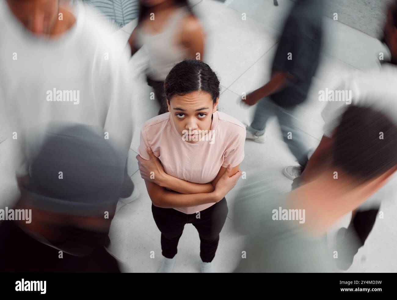 Mental health, portrait and woman with phobia of people for bipolar ...