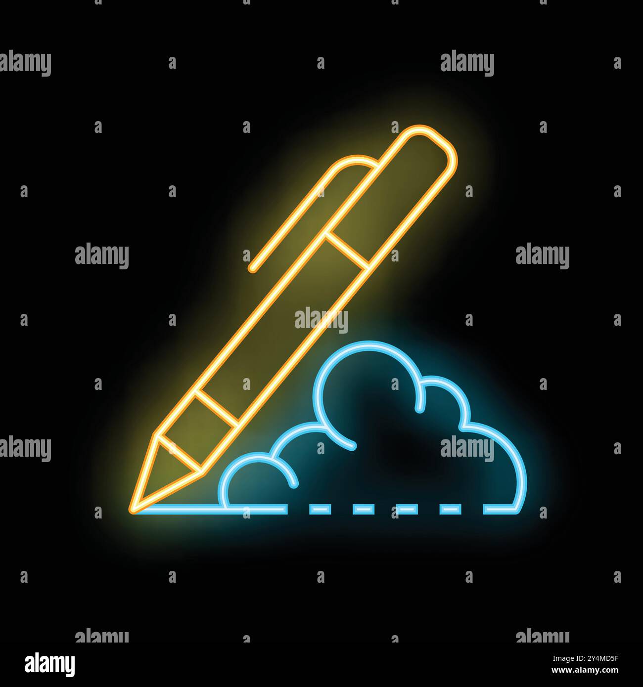 Neon glowing icon of a pen writing on a cloud computing symbol ...