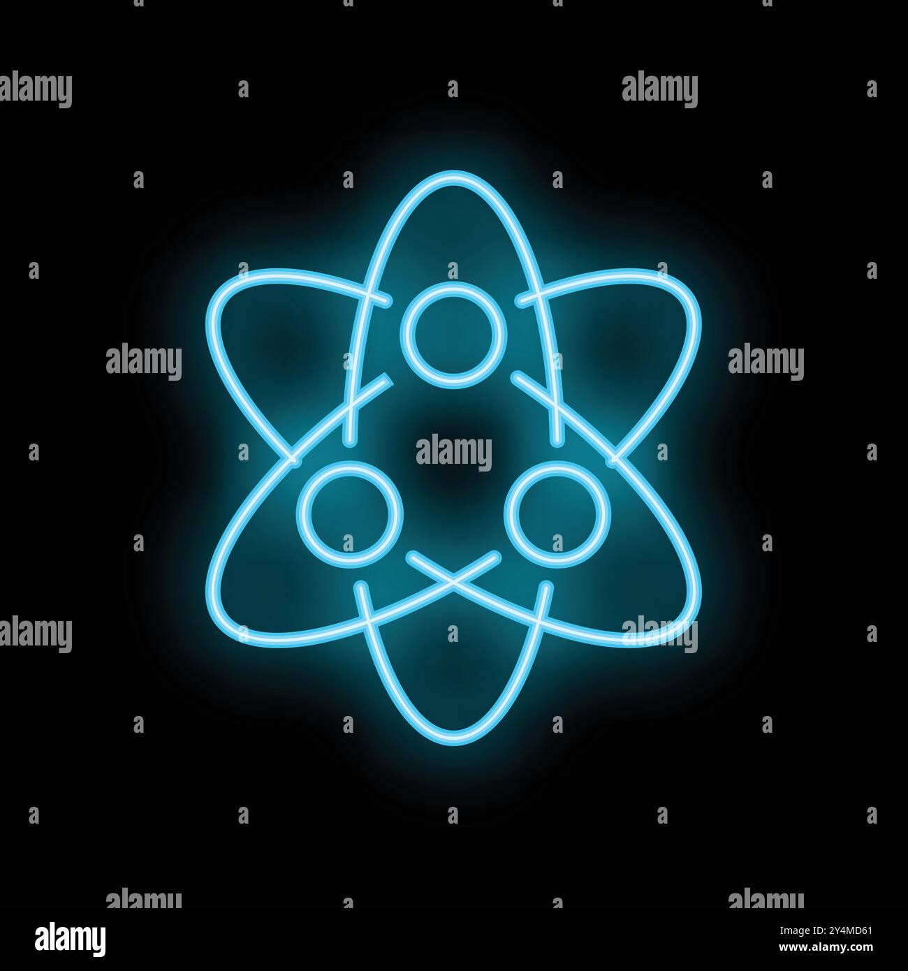 Neon blue atom icon glowing on black background representing the ...
