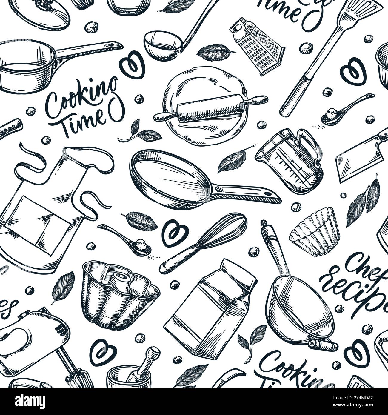 Cooking and kitchen utensils seamless pattern. Vector hand drawn sketch illustration. Baking ...