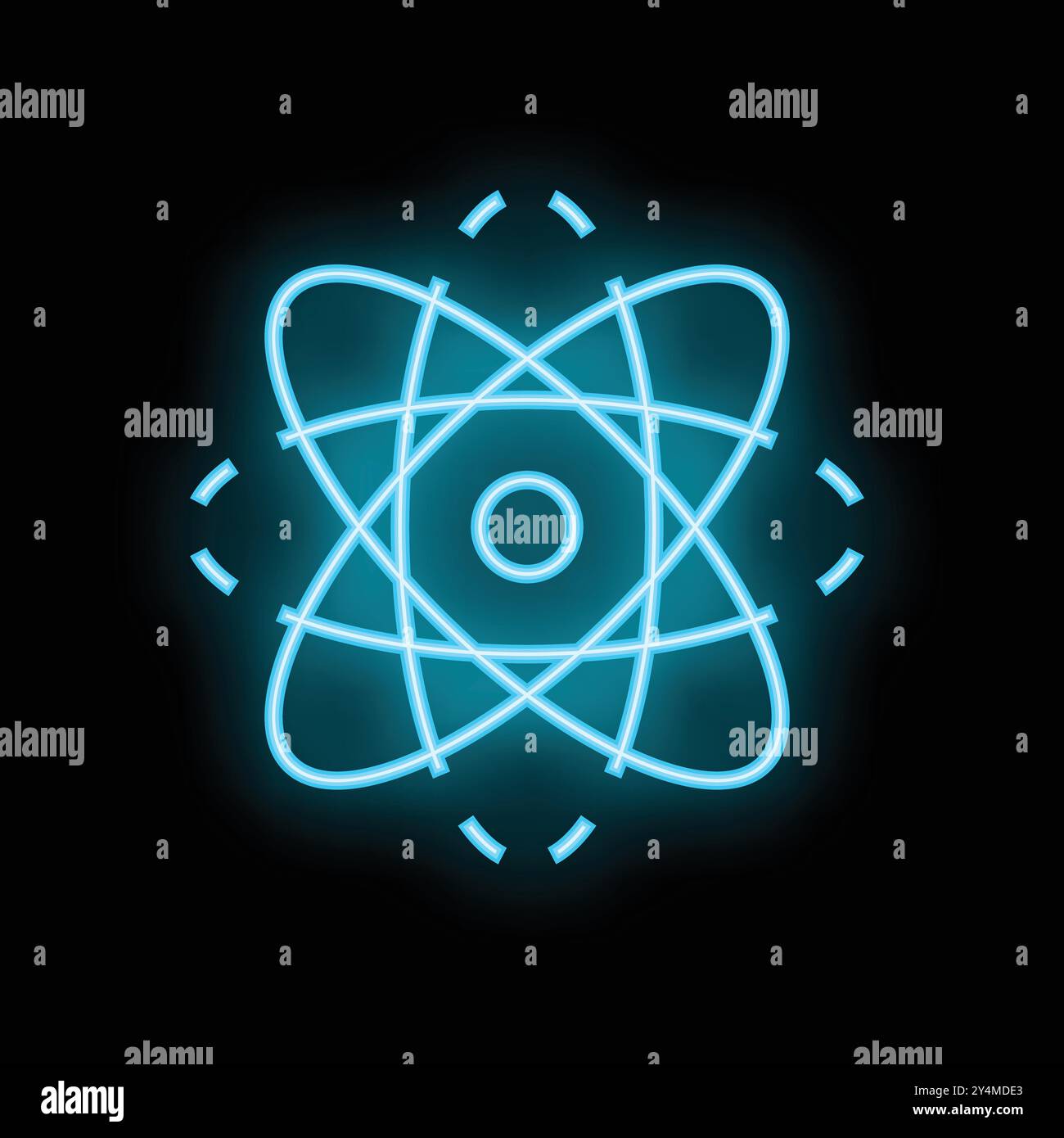 Blue neon atom symbol glowing in the dark representing science, physics ...