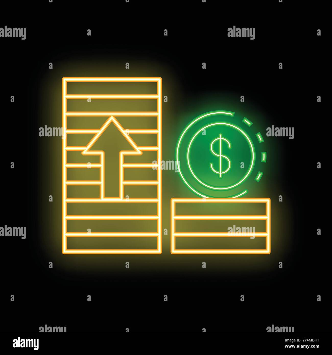 Neon sign representing a growing stack of money with an up arrow and a ...