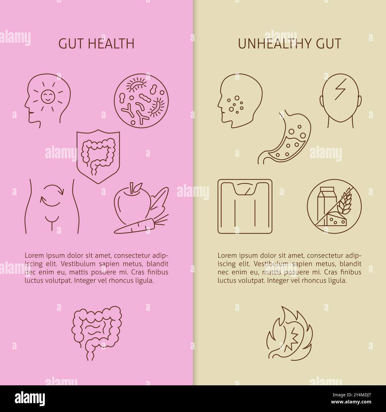 Healthy and unhealthy gut symptoms banner with place for text. Vector ...