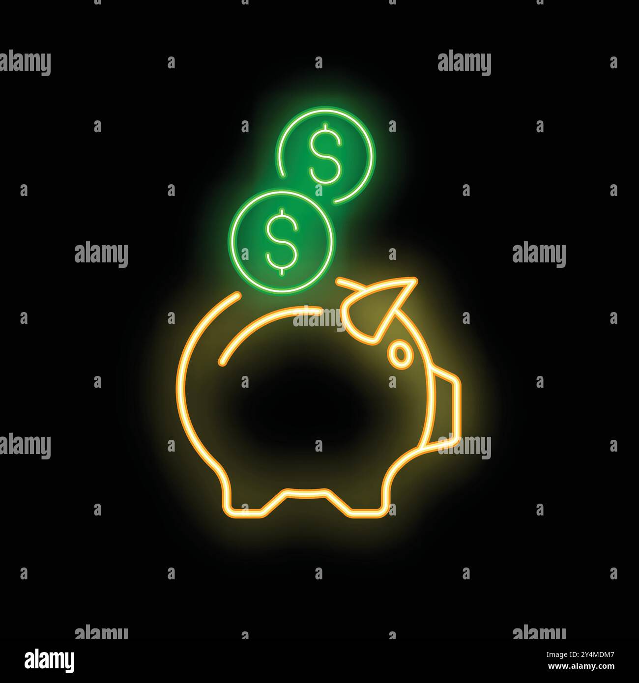 Neon piggy bank with dollar coins falling in, glowing on a black ...