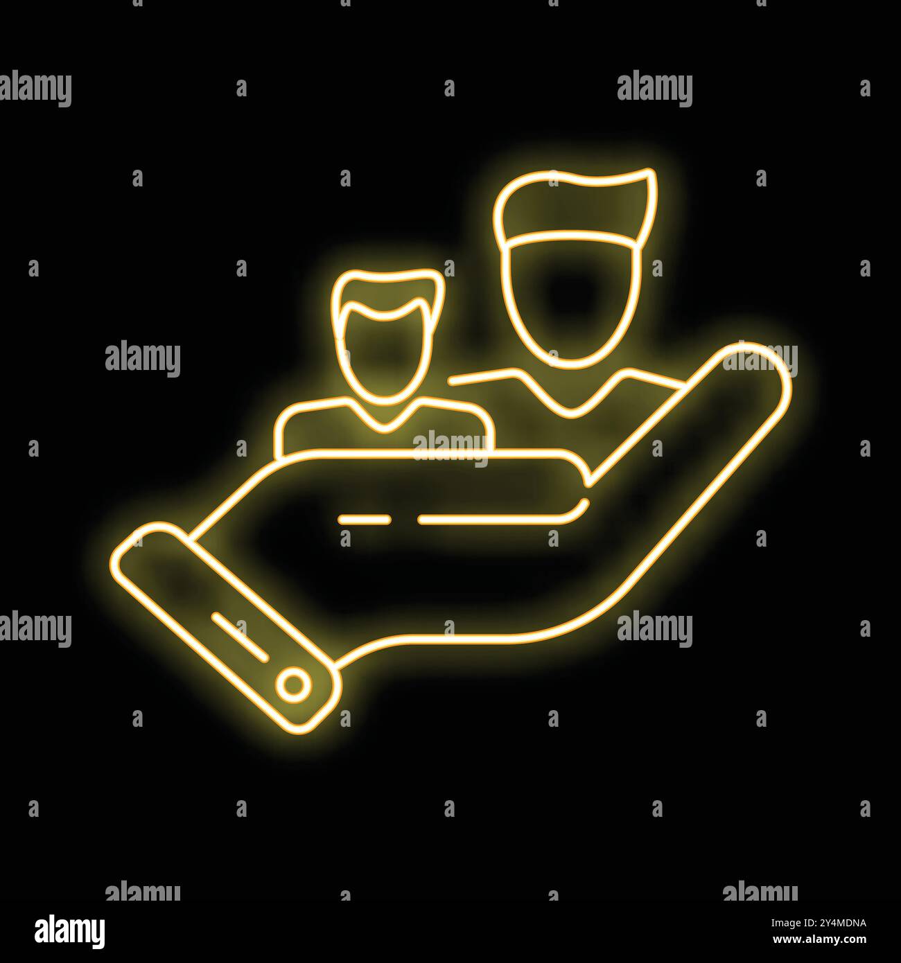 Neon sign of a hand holding two business people, representing customer ...