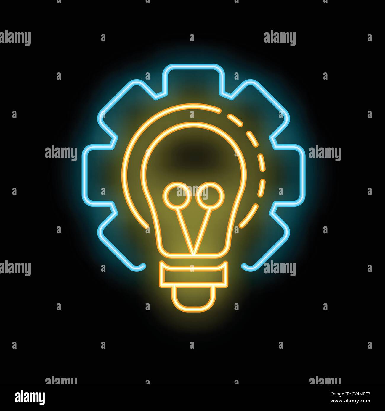 Bright neon icon of a lightbulb surrounded by a gear mechanism ...