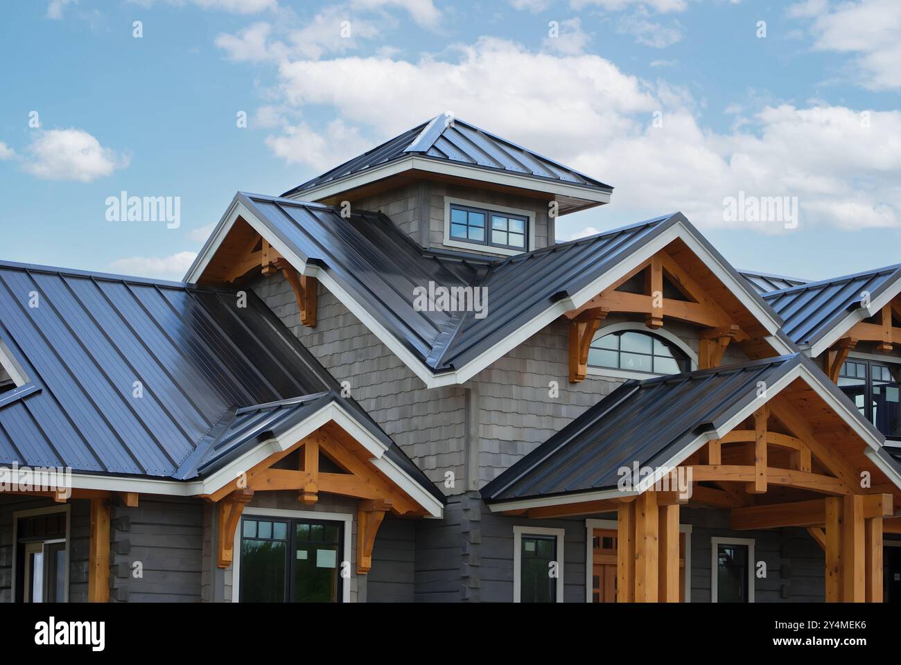 Close-up house retro roof panel with standing seam and fasteners ...