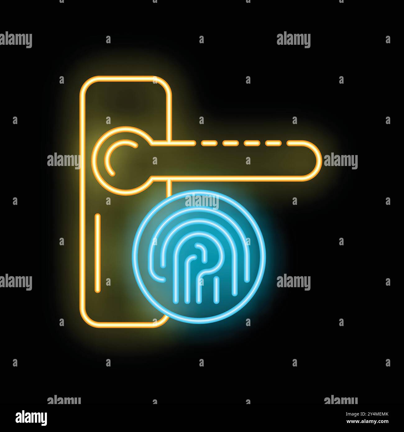 Neon fingerprint scanner icon glowing on a black background ...