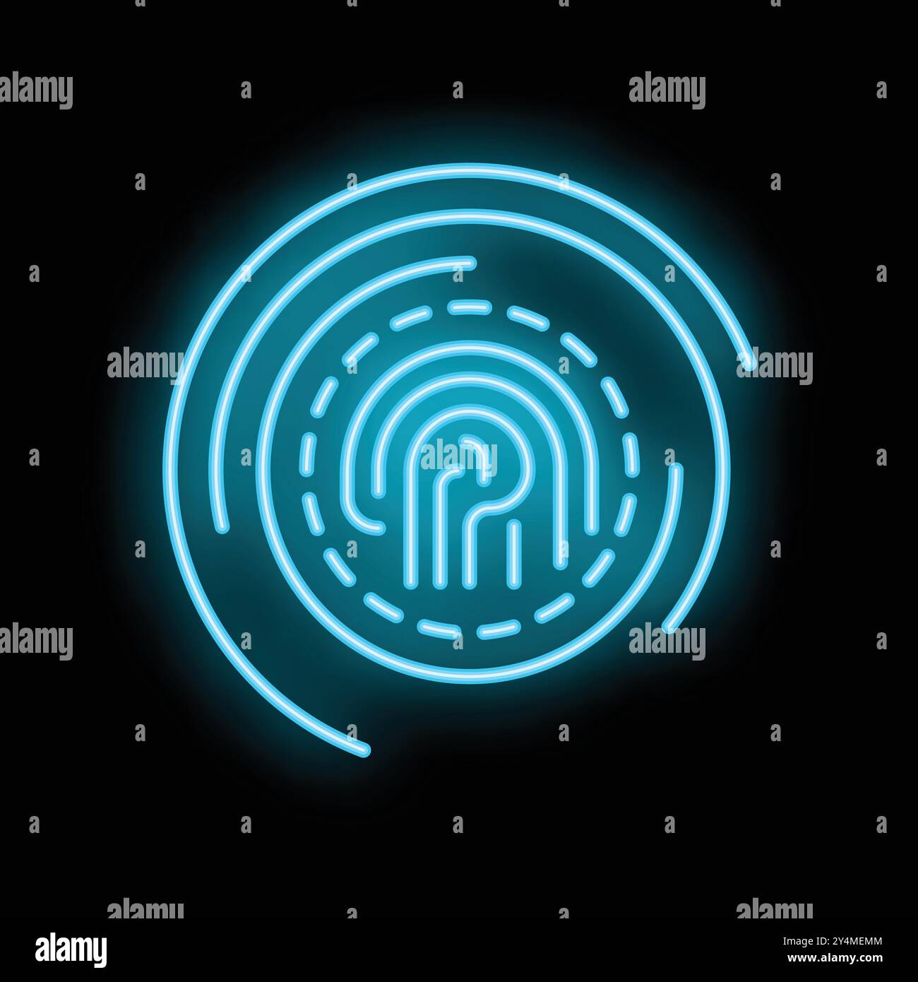 Blue neon fingerprint glowing on black background representing user ...