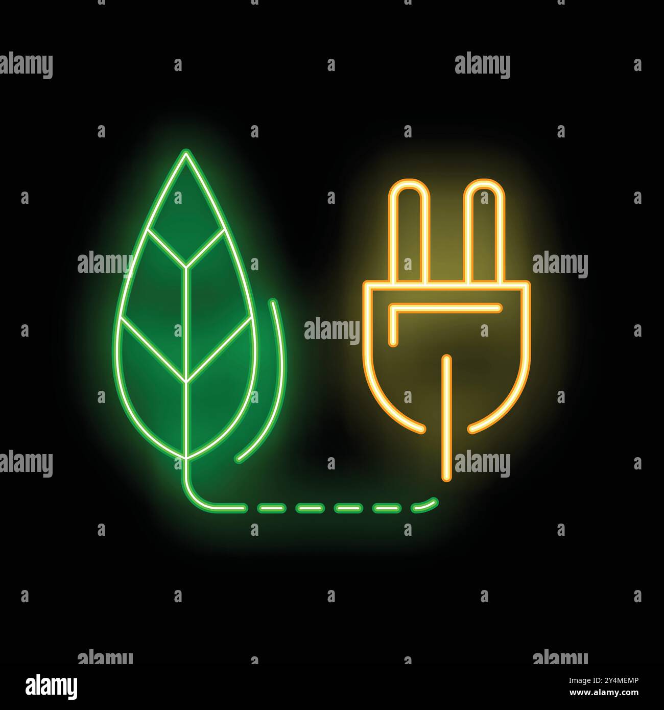 Neon sign representing green energy connecting to an electric plug with ...