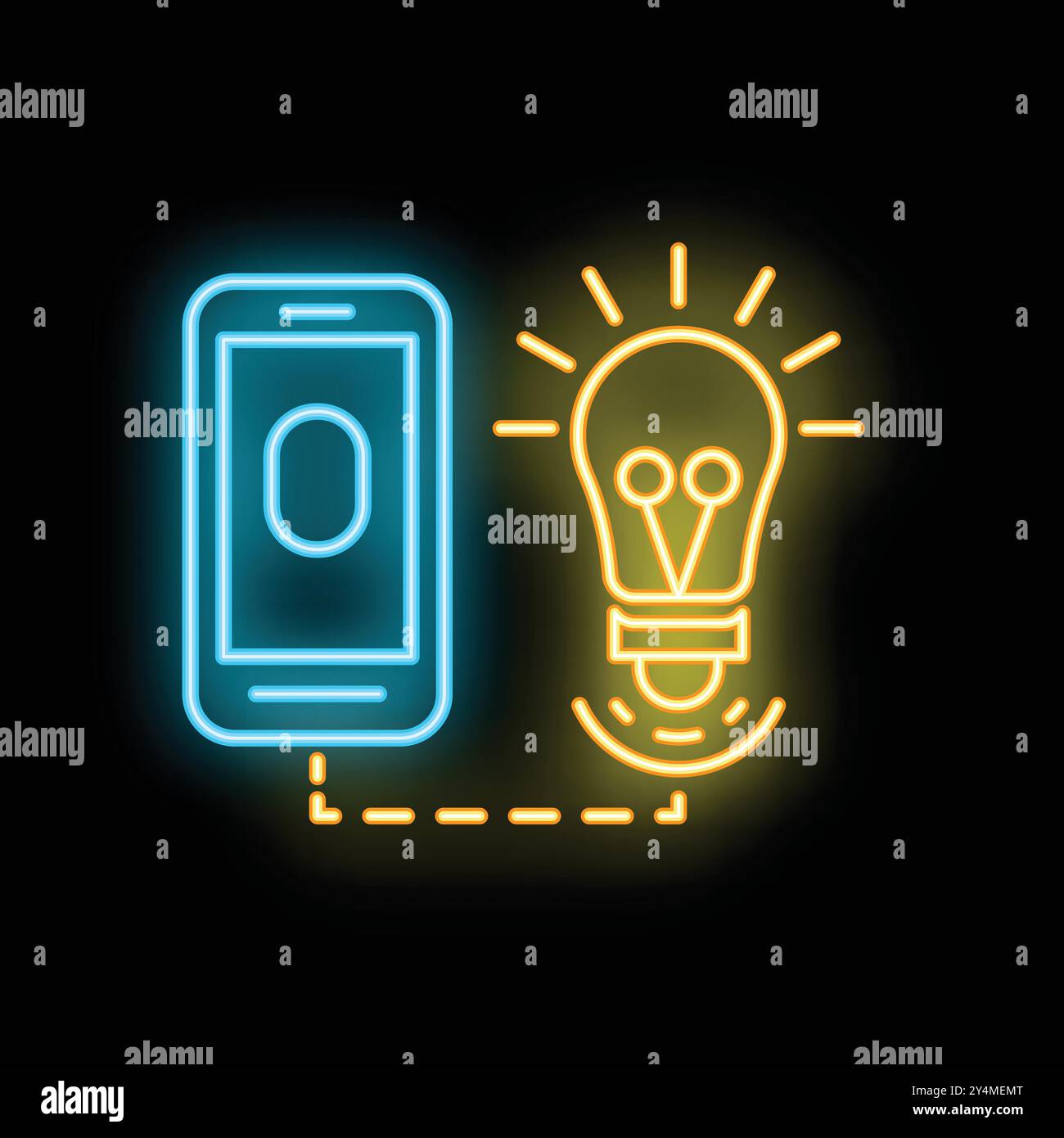 Neon sign depicting a smartphone linked to a shining light bulb ...
