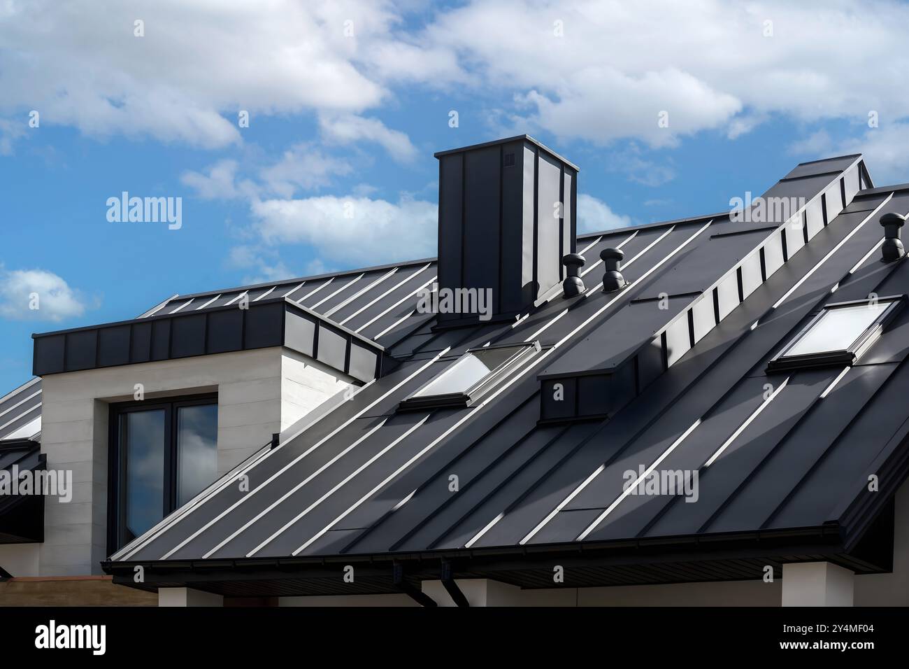 Close-up house retro roof panel with standing seam and fasteners ...