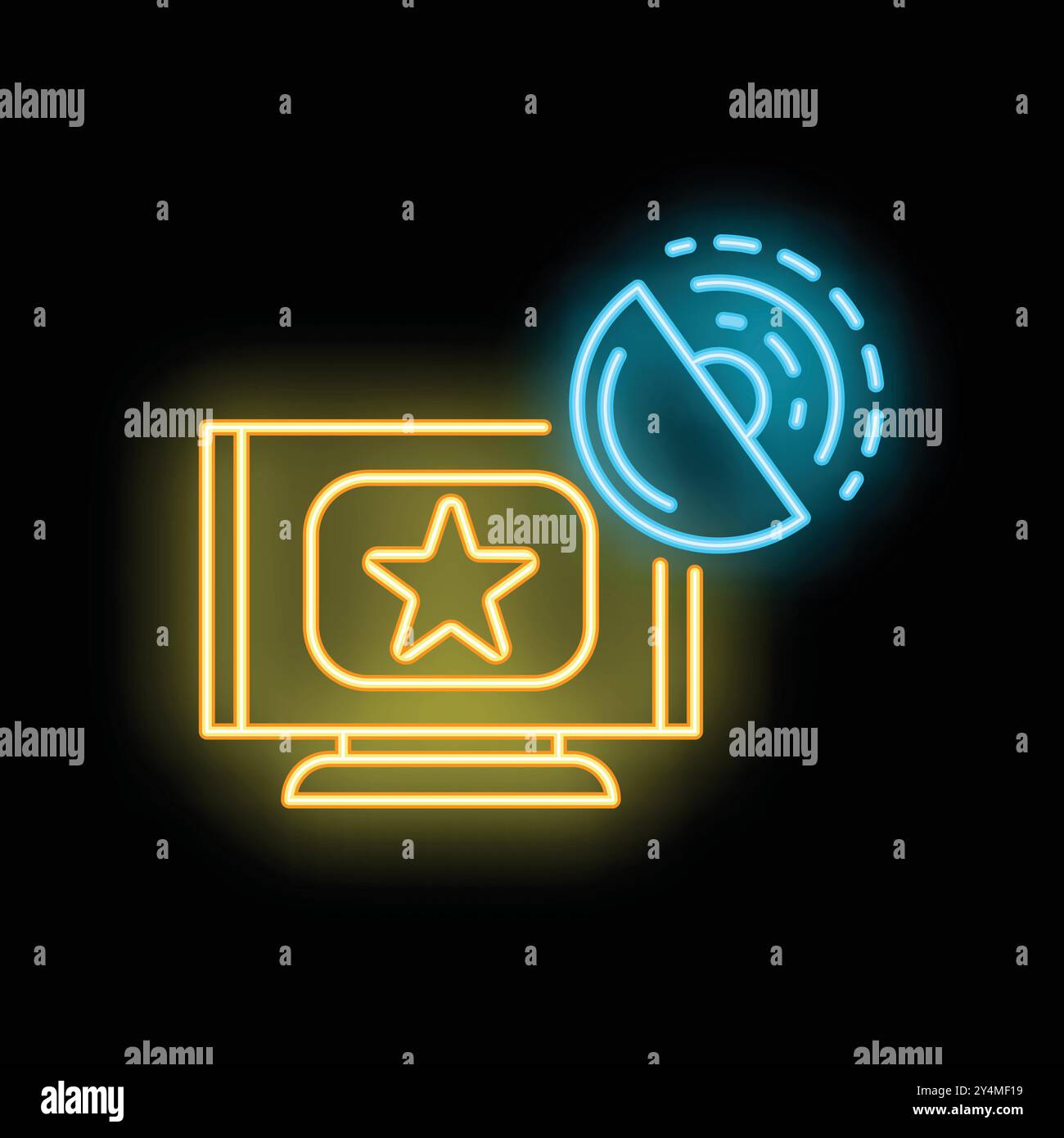 Neon glowing icon of a compact disc spinning near a modern tv set ...