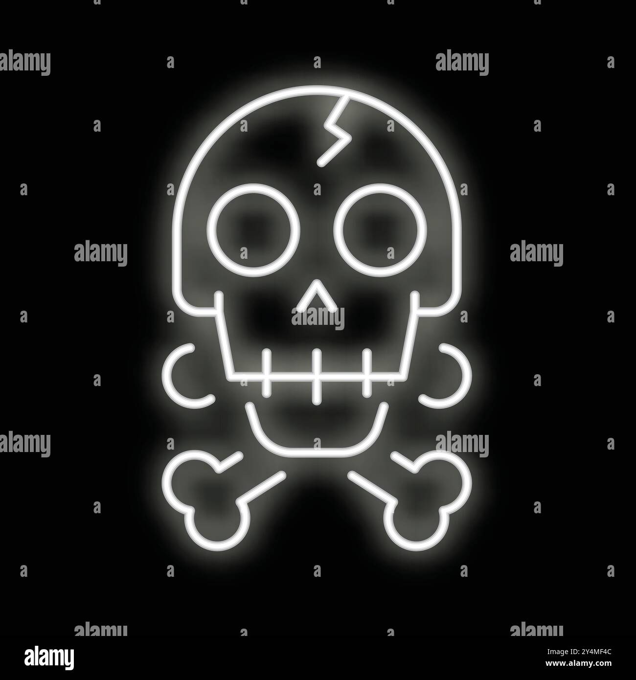 White neon skull and crossbones warning sign glowing on a black ...